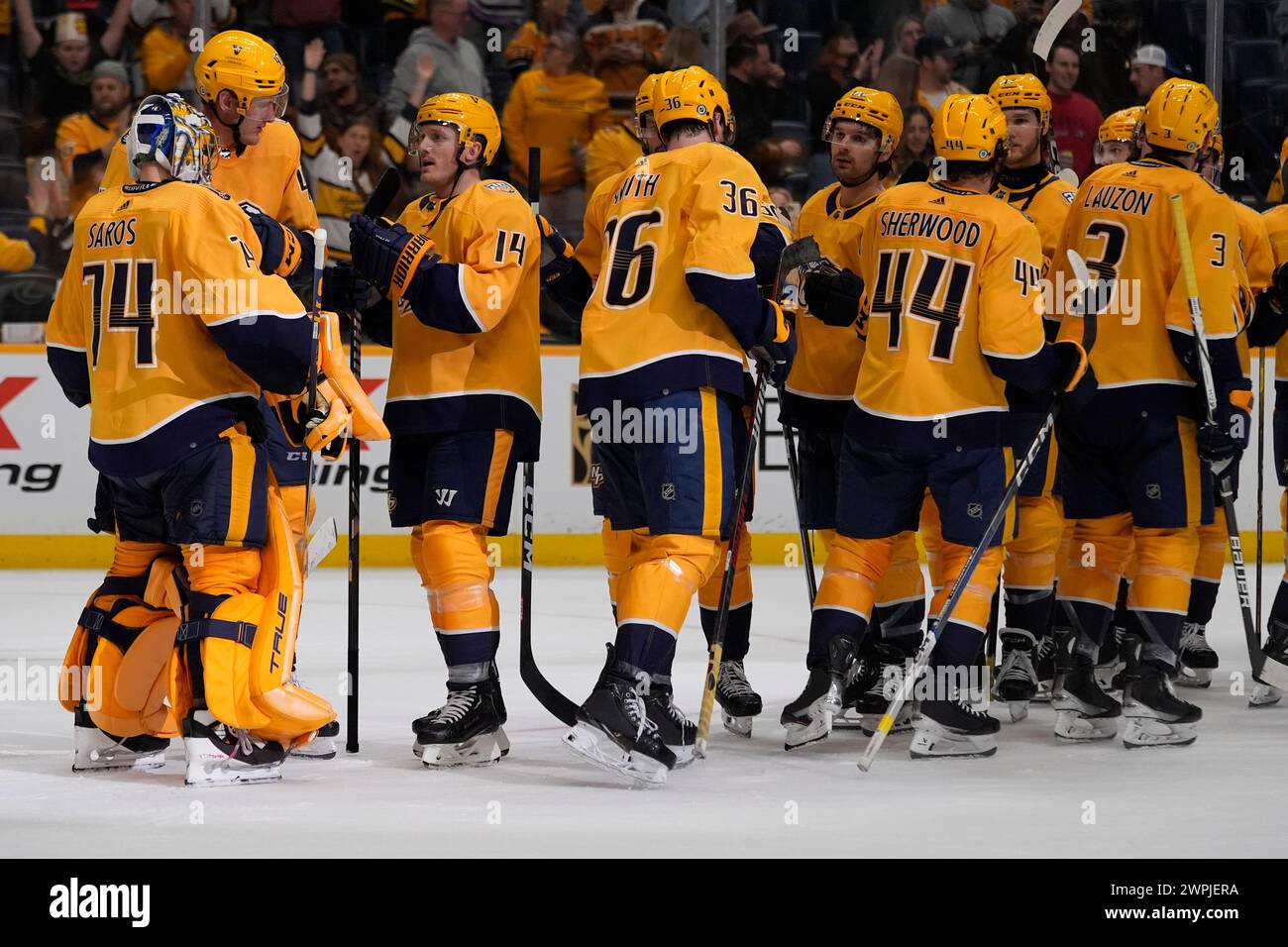 Nashville Predators goaltender Juuse Saros (74) is congratulated after ...