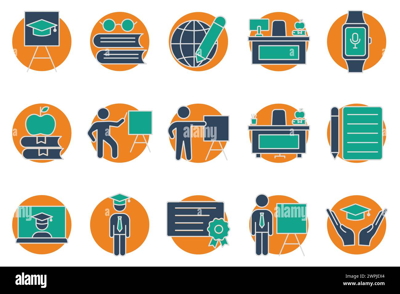 education icons. teacher, teacher desk, graduation hat, pencil and ...