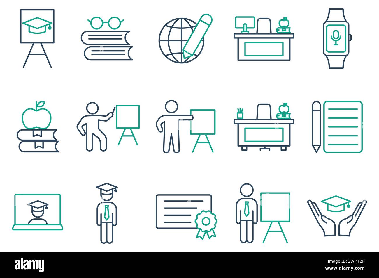 education icons. teacher, teacher desk, graduation hat, pencil and ...