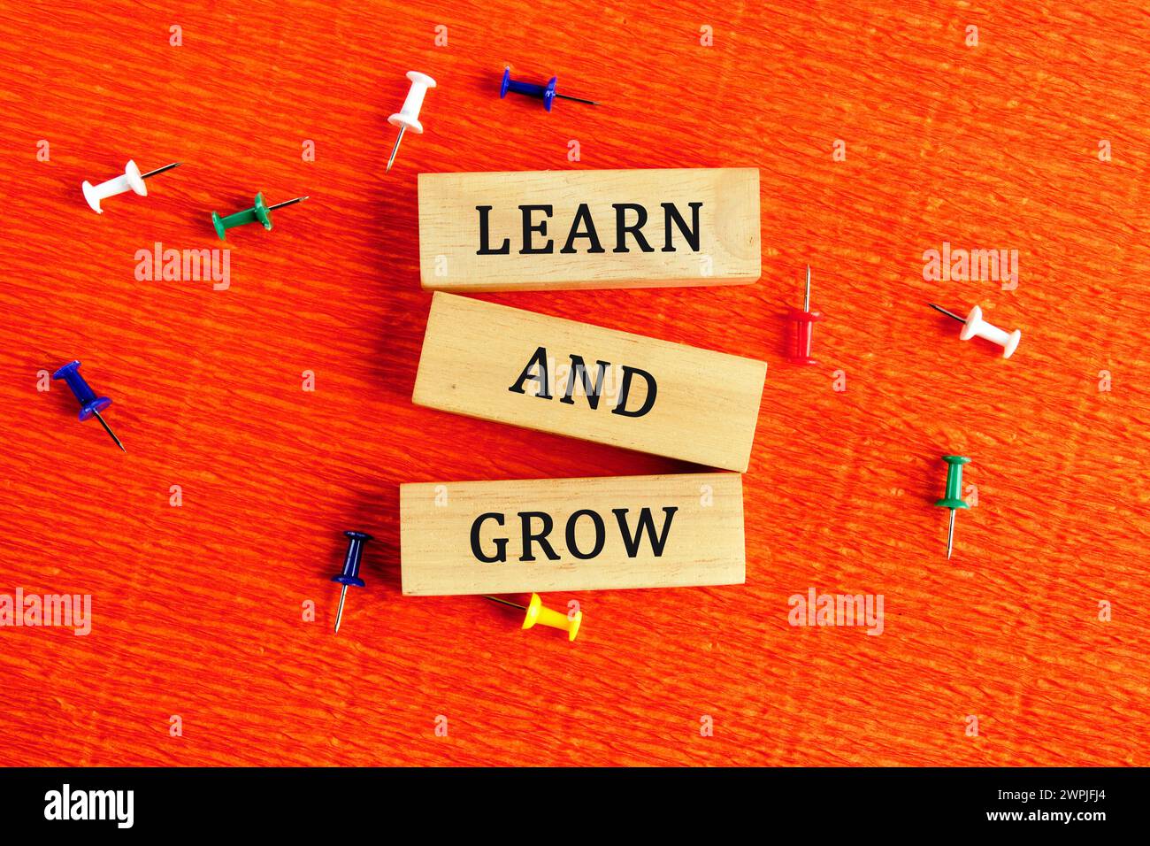 LEARN AND GROW on wooden blocks. Bright background. The concept of ...