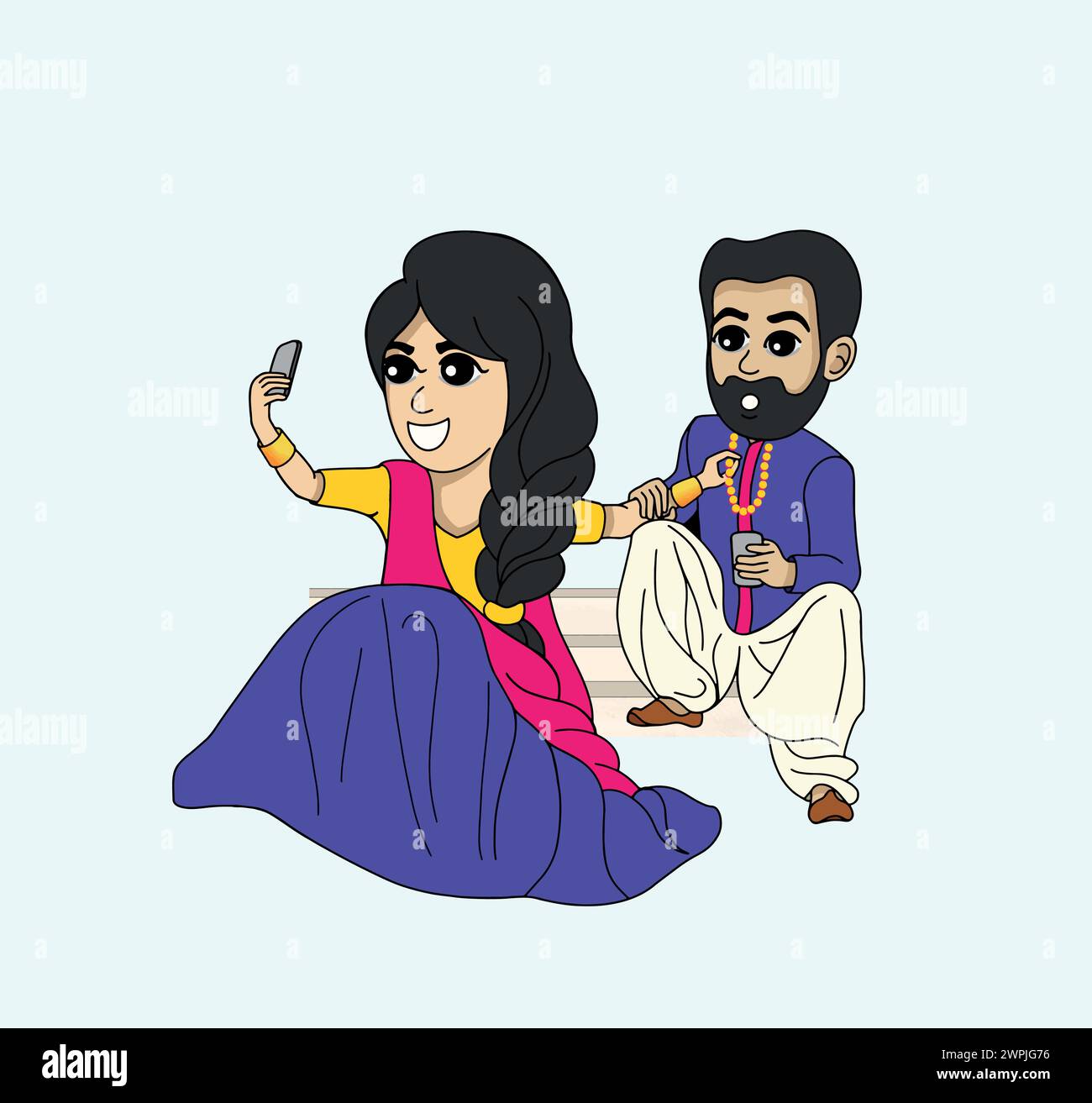 Indian cute bride and groom cartoon character wedding theme Stock ...
