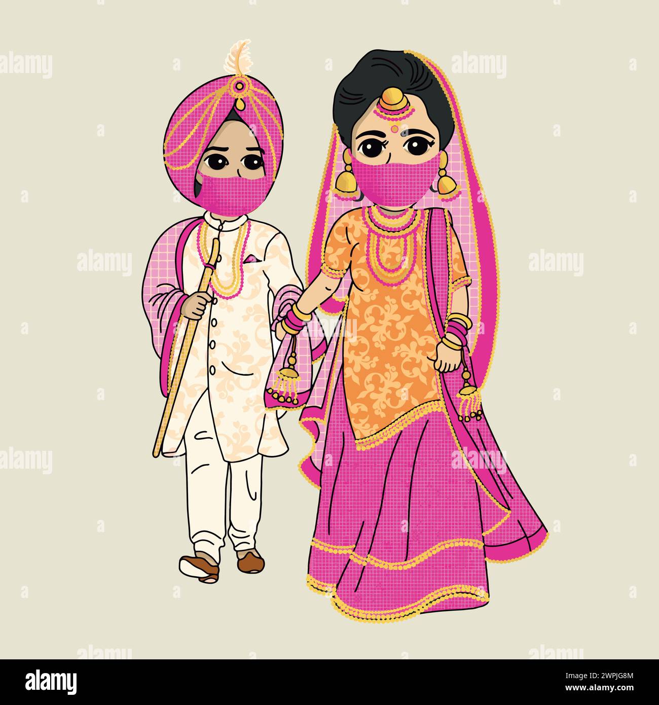 Indian cute bride and groom cartoon character wedding theme Stock ...