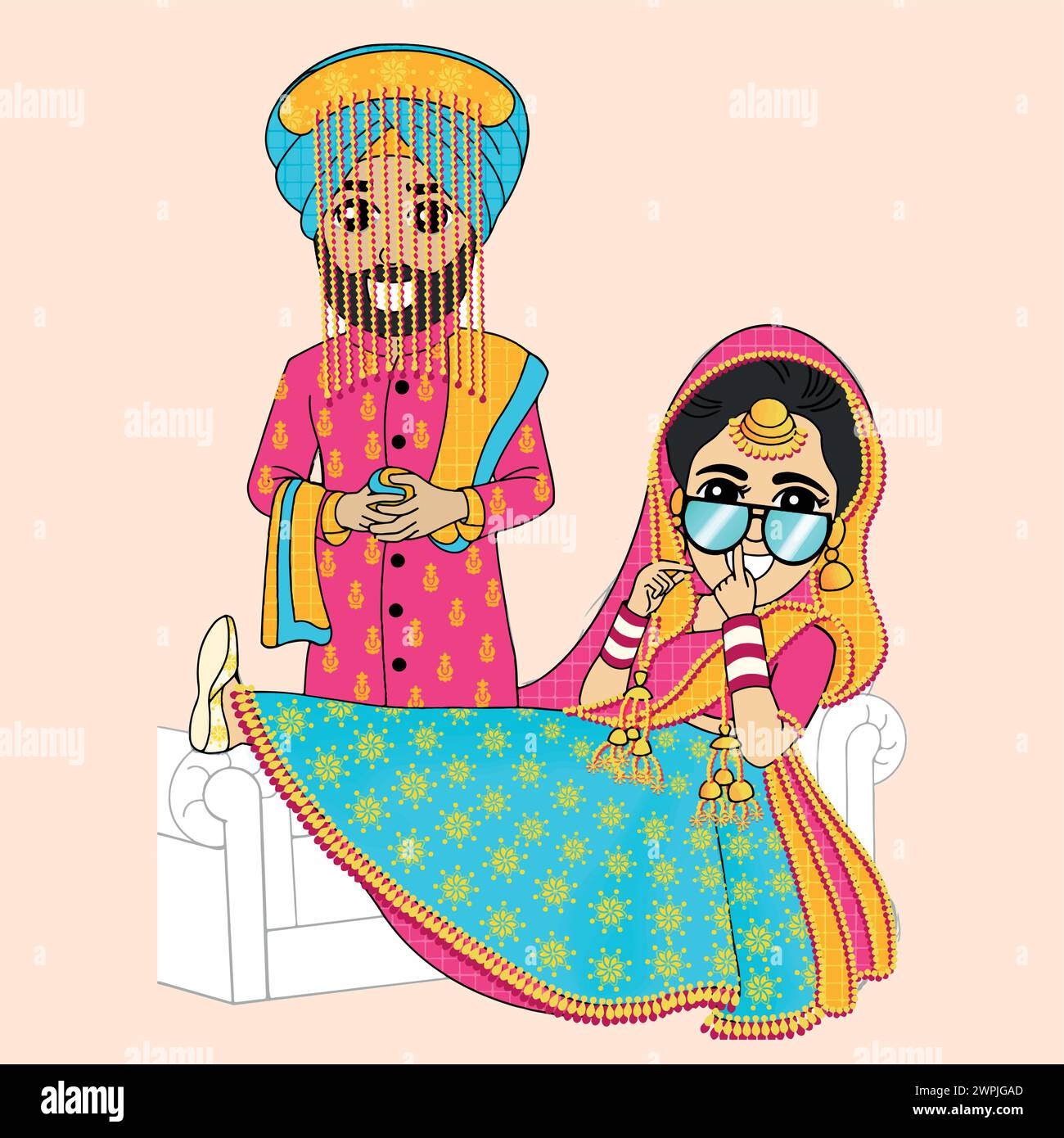 Indian cute bride and groom cartoon character wedding theme Stock ...