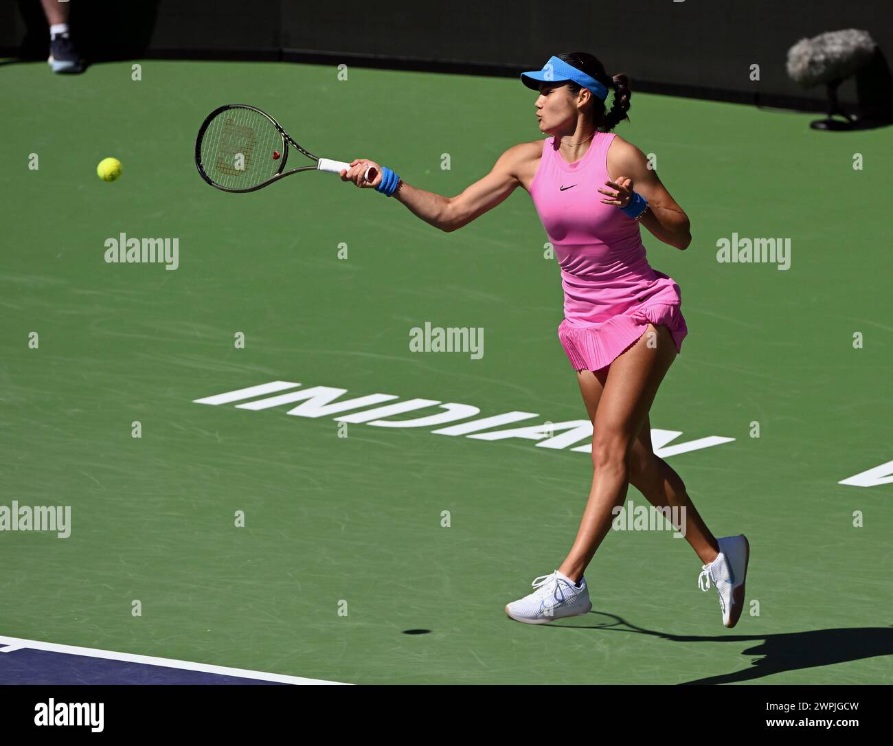 INDIAN WELLS, CA - MARCH 07: Emma Raducanu (GBR) in the air after ...