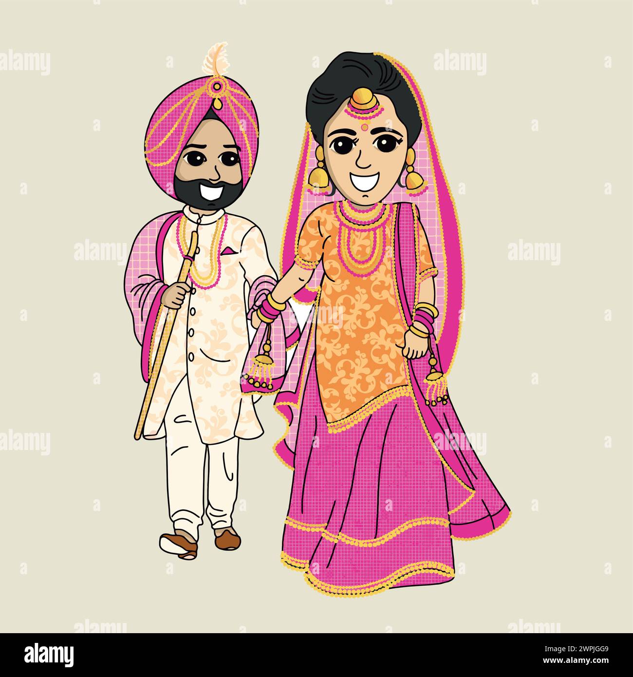 Indian cute bride and groom cartoon character wedding theme Stock ...