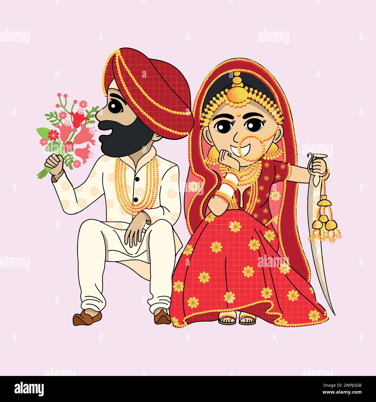 Indian cute bride and groom cartoon character wedding theme Stock ...