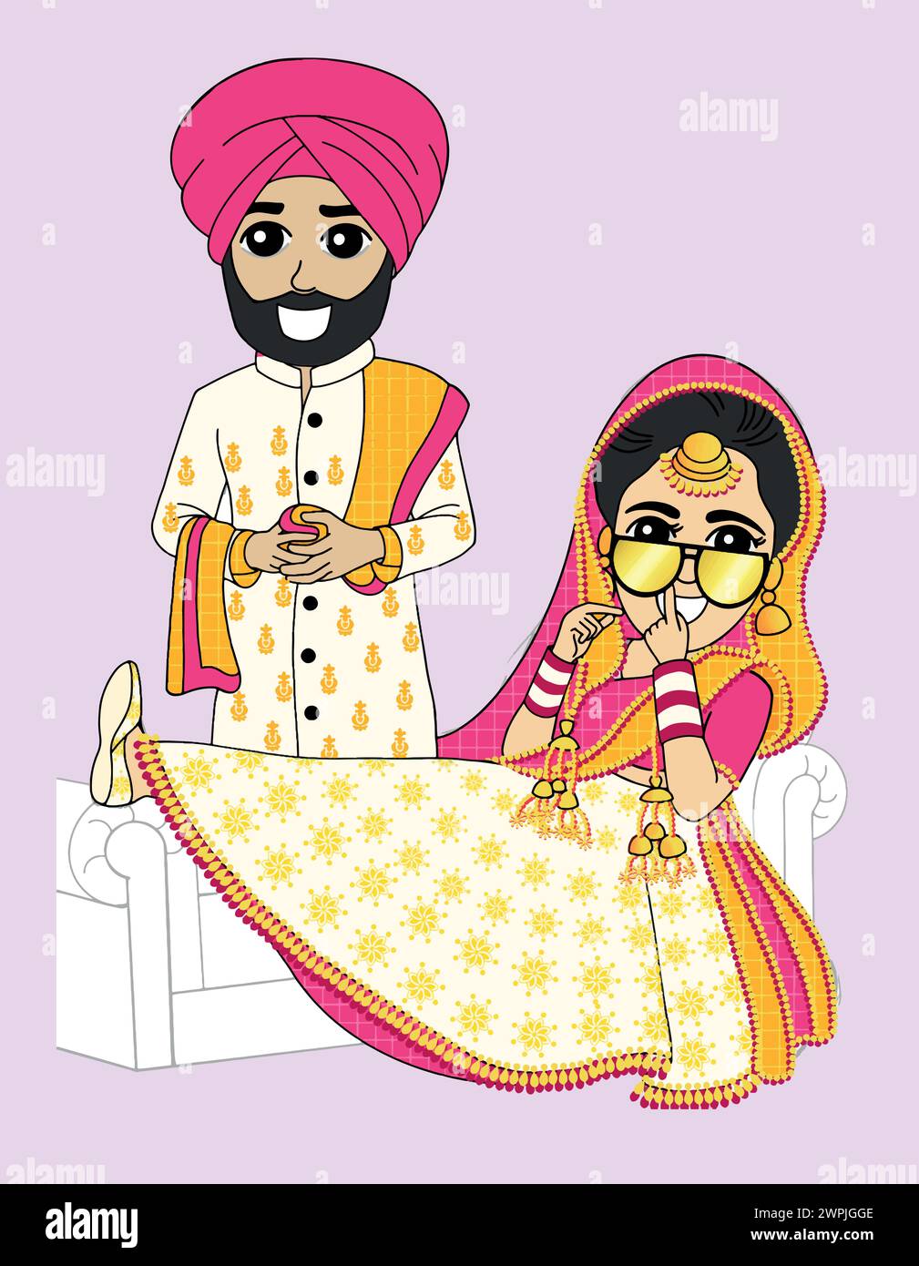 Indian cute bride and groom cartoon character wedding theme Stock ...
