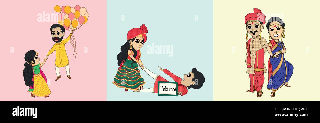 Indian cute bride and groom cartoon character wedding theme Stock ...