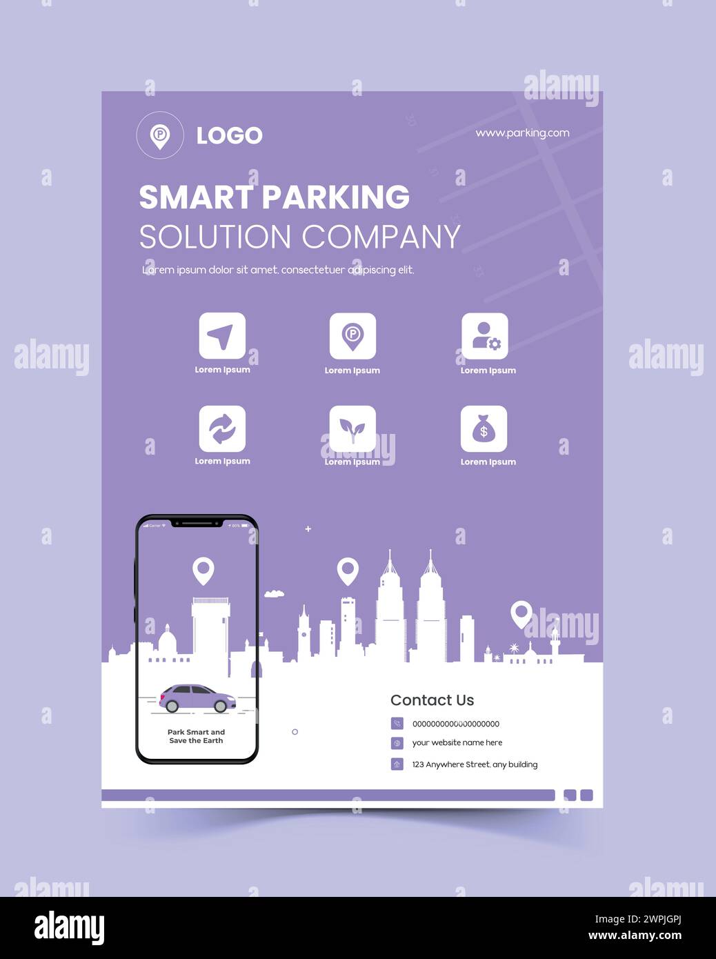 A smart parking poster with a phone and a city skyline. The poster is ...