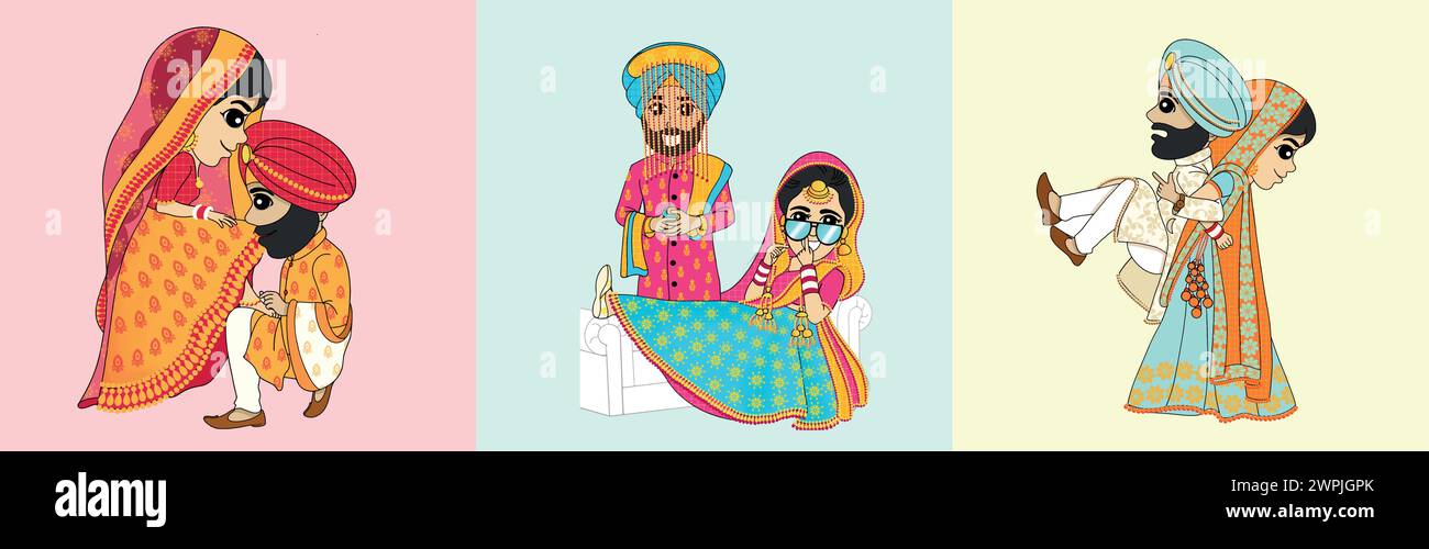 Indian cute bride and groom cartoon character wedding theme Stock ...