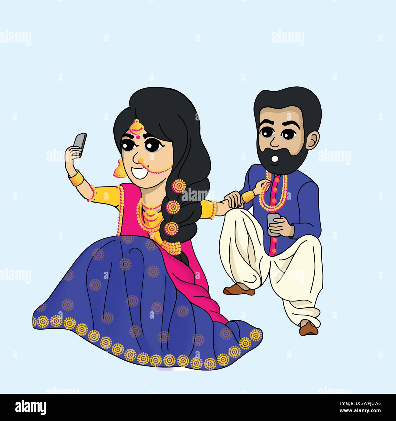 Indian cute bride and groom cartoon character wedding theme Stock ...