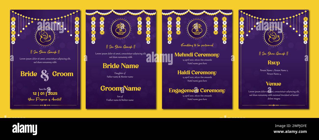 A set of four purple wedding invitations with gold trim. The ...