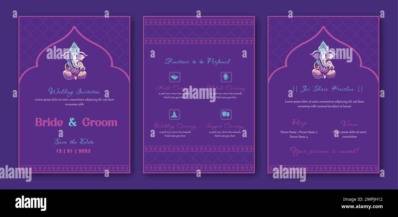 A set of four purple wedding invitations with neon trim. The ...