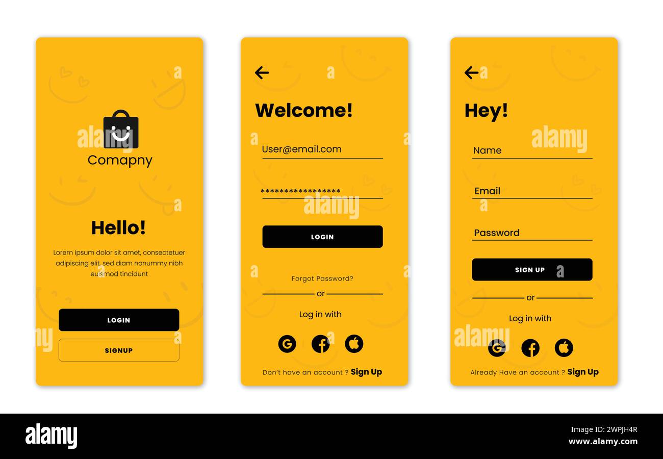 Three yellow screens with a smiling face logo and the words "hello" and ...
