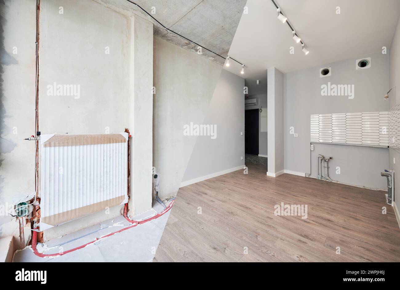 Empty room with installed heating system before and after restoration ...