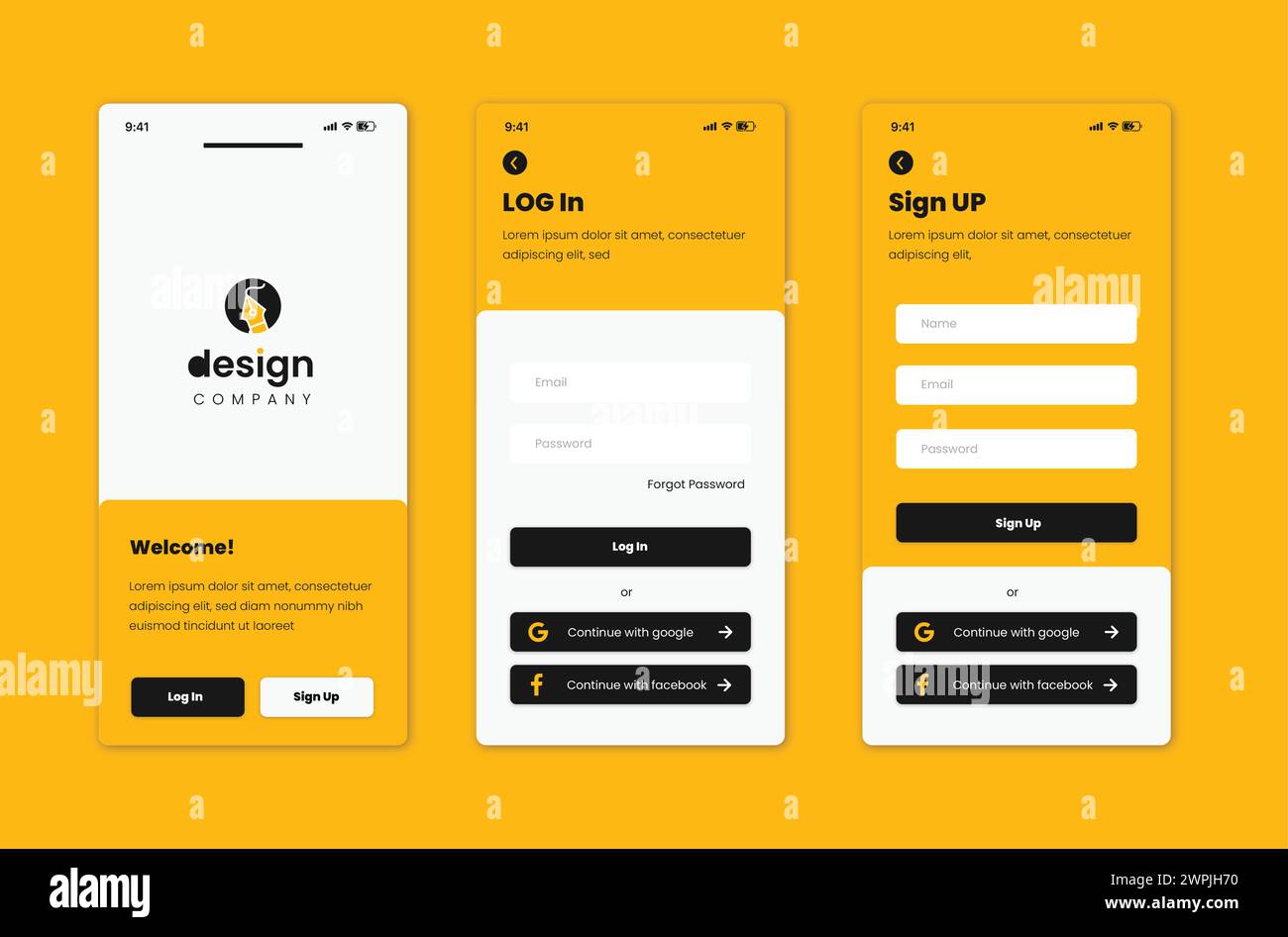 Three different screens of a mobile app with a yellow background and a ...