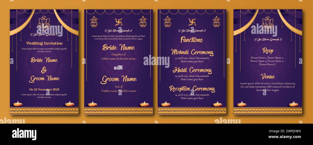 A set of four purple wedding invitations with gold trim. The ...