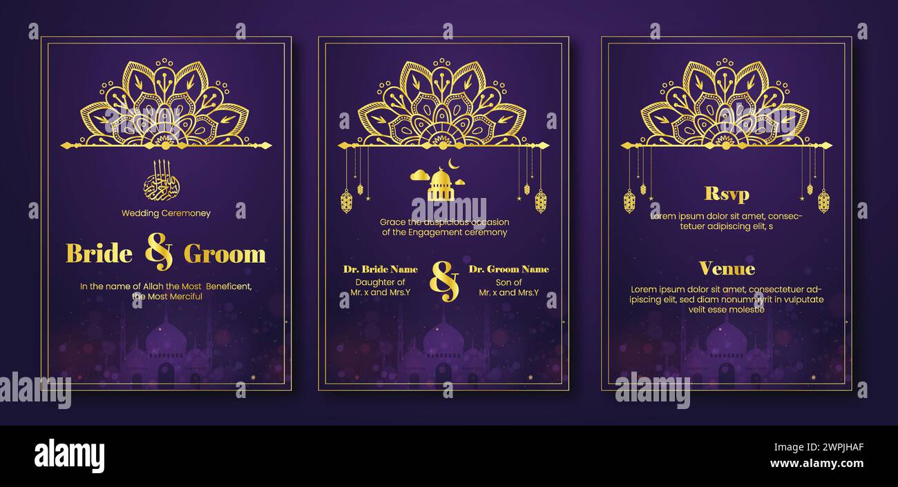 Three purple wedding invitations with gold trim and gold lettering. The ...