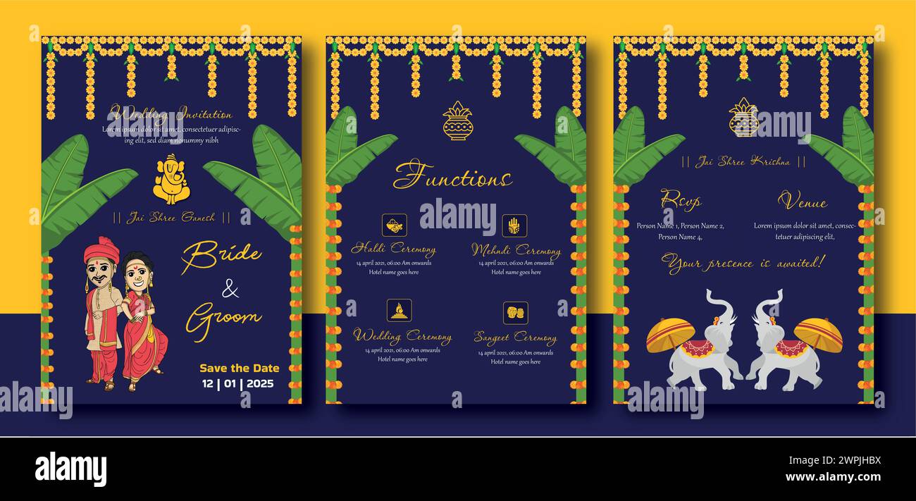A wedding invitation card with a couple and a traditional wedding theme ...