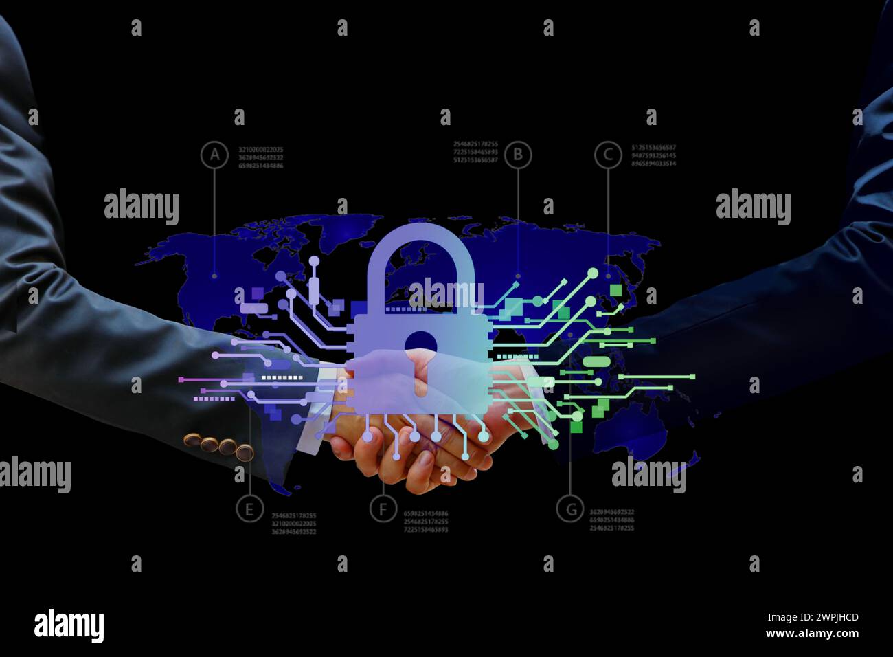 cyber security icon with marking on world map on businessman hand shake ...