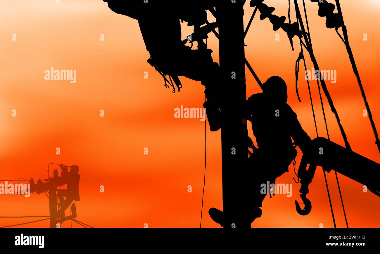 close up silhouette electric worker working on pole connected high ...