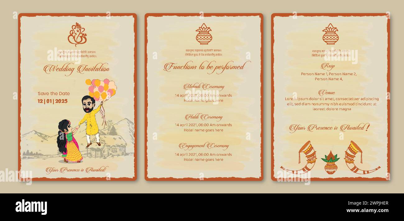 A wedding invitation card with a couple and a traditional wedding theme ...