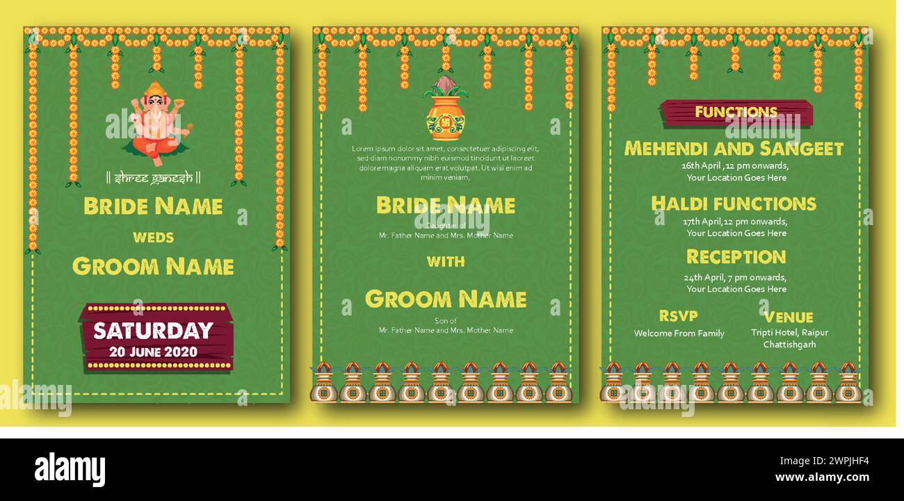 A wedding invitation card with a couple and a traditional wedding theme ...