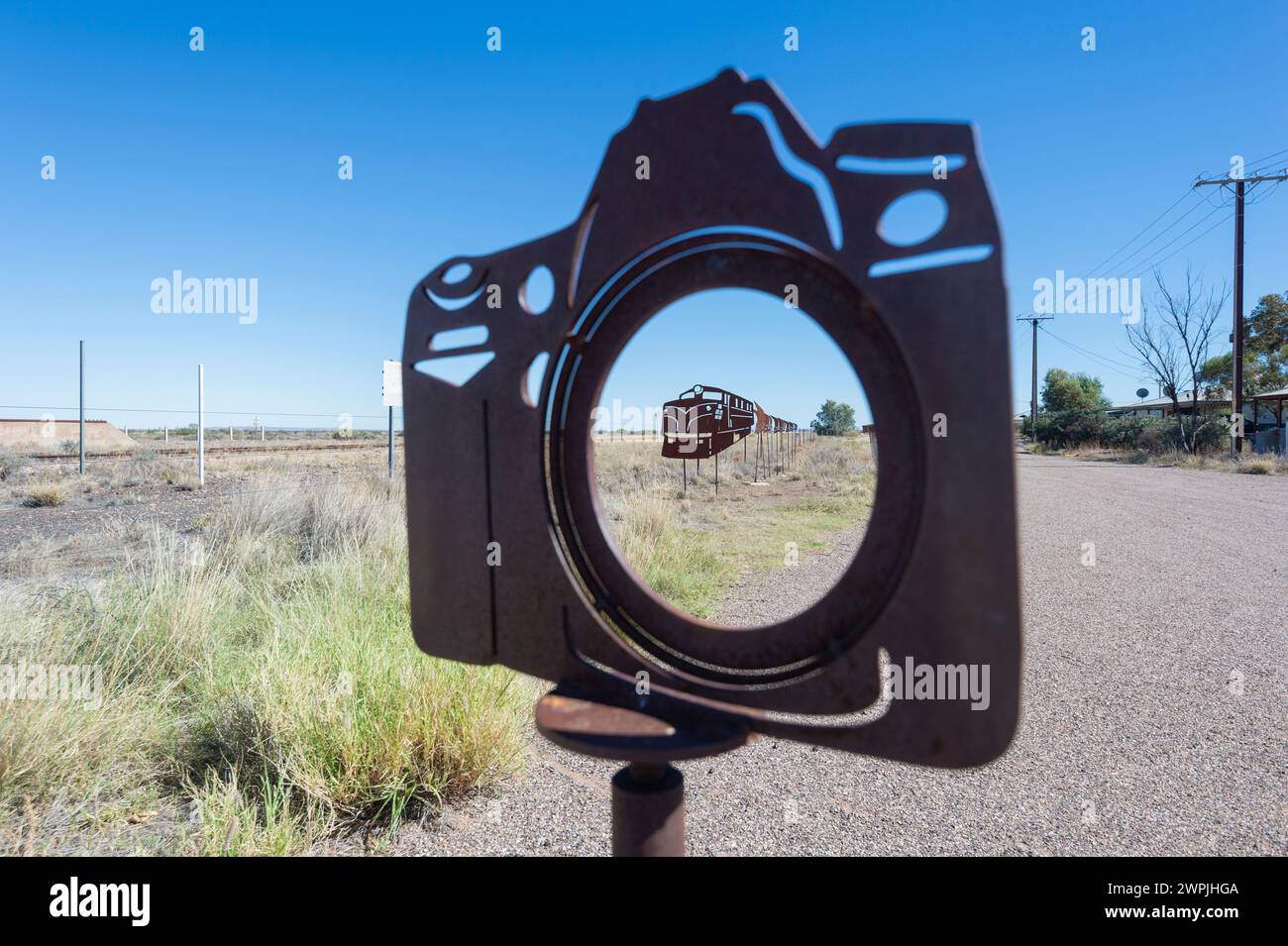 Ironwork sculptures showing the Old Ghan viewed through a camera in the ...