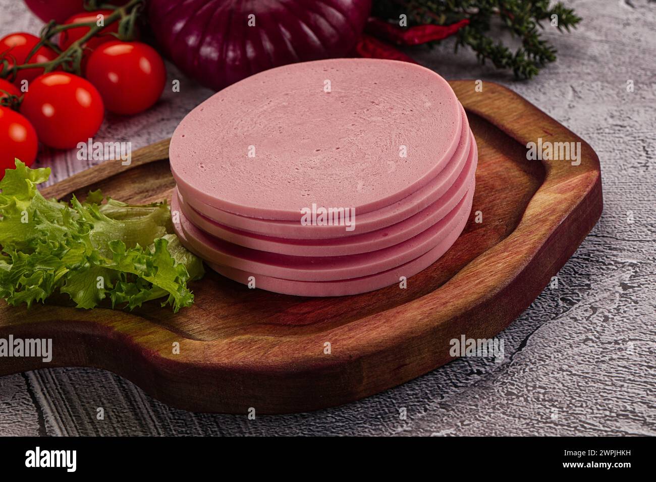 Boiled pork sliced sausage stack for breakfast Stock Photo - Alamy
