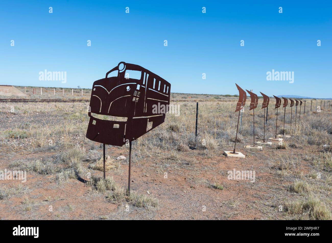 Ironwork cut out showing the Old Ghan in the small Outback village of ...