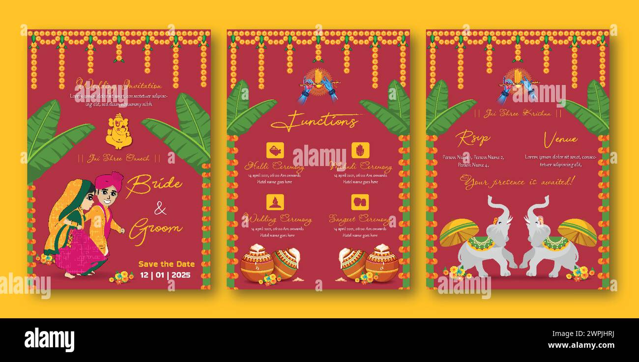 A wedding invitation card with a couple and a traditional wedding theme ...