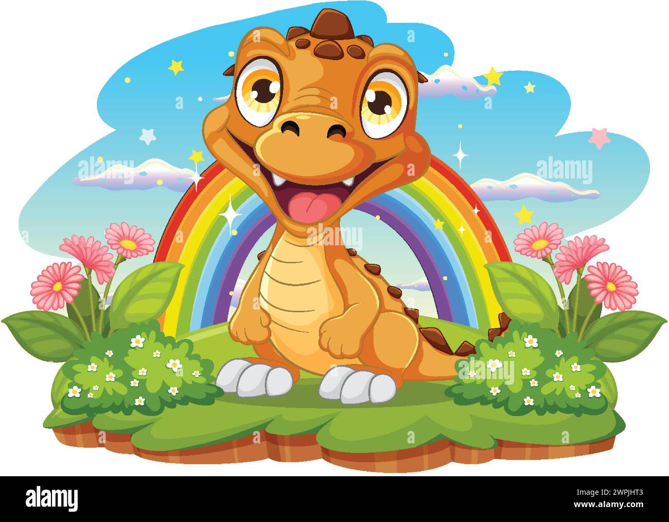 Happy cartoon dinosaur sitting by a colorful rainbow Stock Vector Image ...