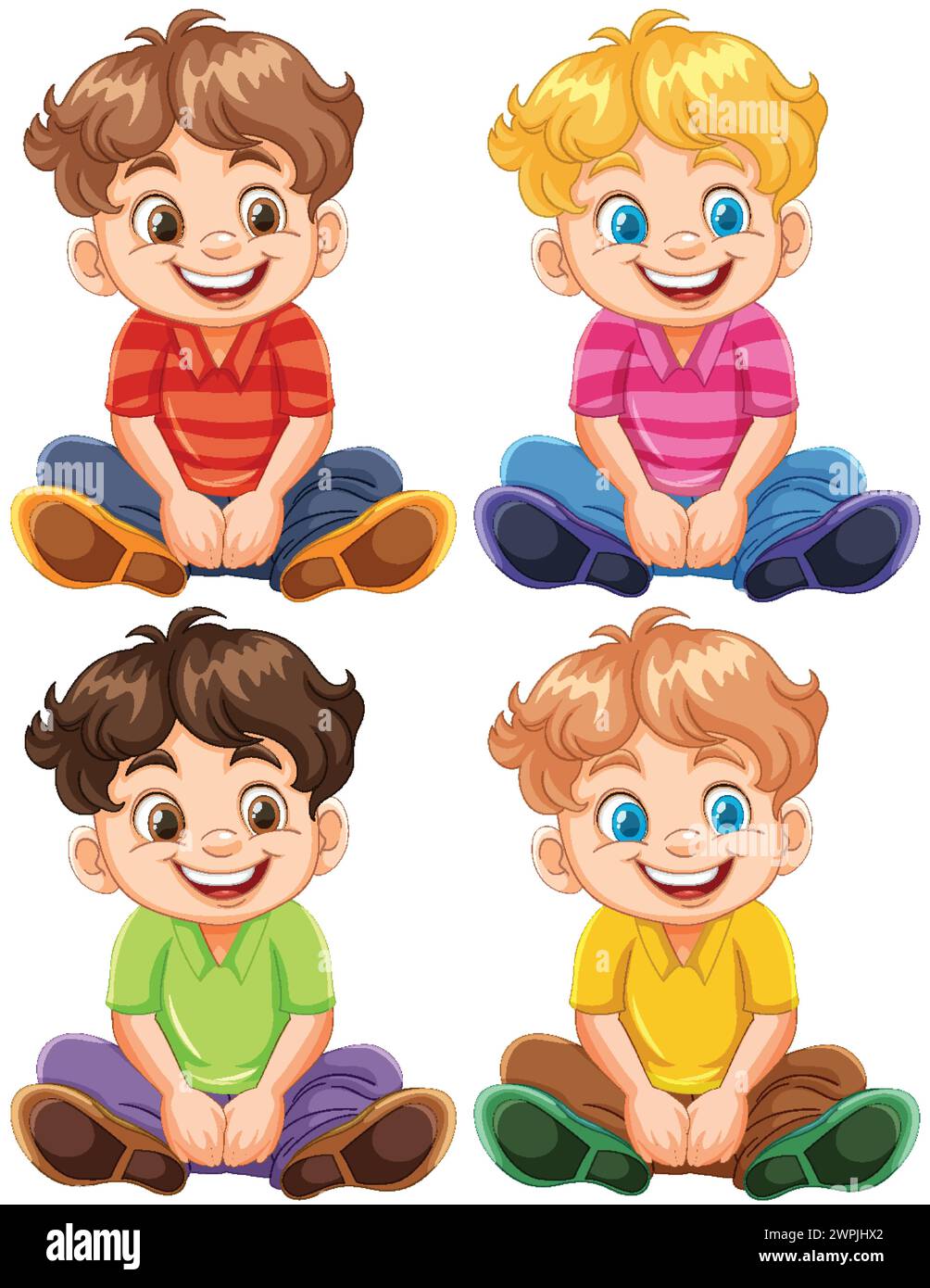 Four happy cartoon boys sitting and smiling Stock Vector Image & Art ...