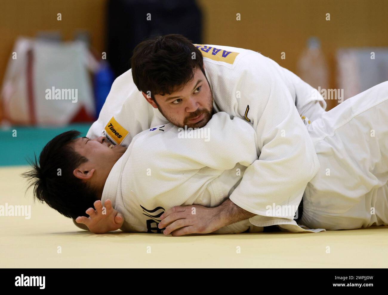 Aaron Phillip Wolf practices at the Japan National Team Judo Training Camp in Tokyo on March 8 ...