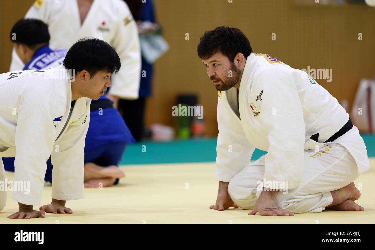 Aaron Phillip Wolf practices at the Japan National Team Judo Training Camp in Tokyo on March 8 ...