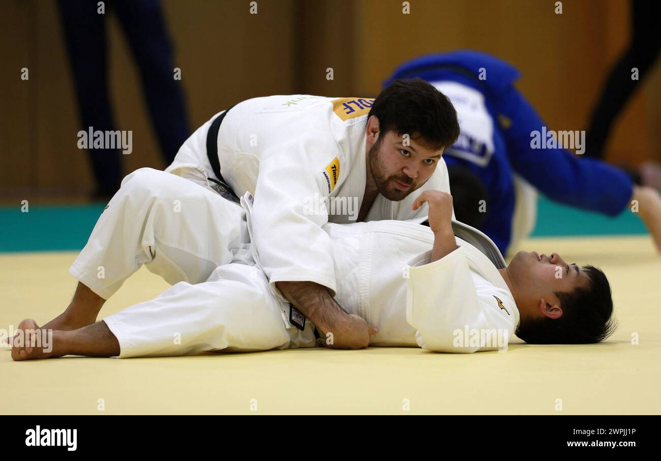 Aaron Phillip Wolf practices at the Japan National Team Judo Training Camp in Tokyo on March 8 ...