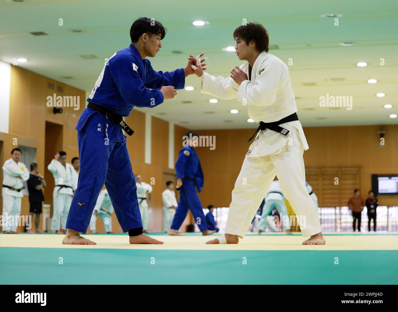 Hifumi Abe practices at the Japan National Team Judo Training Camp in Tokyo on March 8, 2024 ...