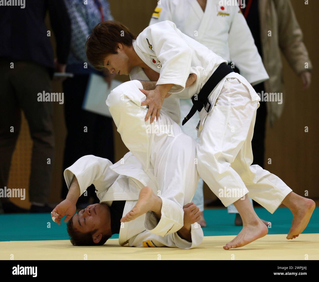 Hifumi Abe practices at the Japan National Team Judo Training Camp in Tokyo on March 8, 2024 ...