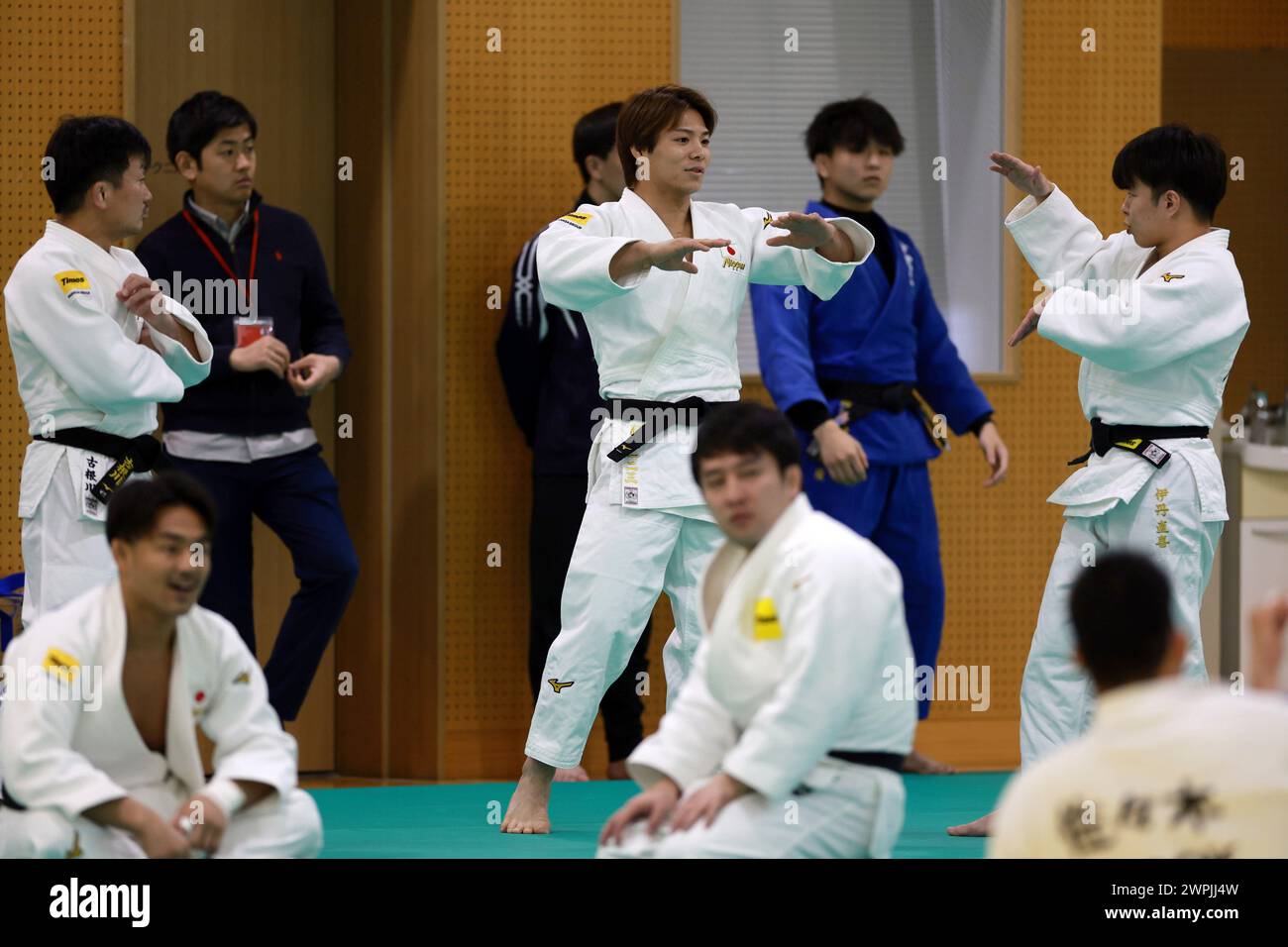 Hifumi Abe practices at the Japan National Team Judo Training Camp in Tokyo on March 8, 2024 ...