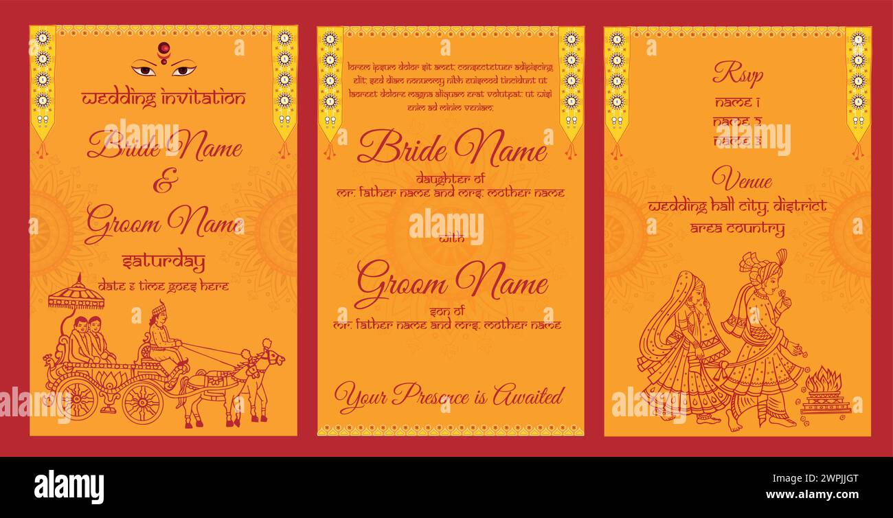 A wedding invitation card with a couple and a traditional wedding theme ...