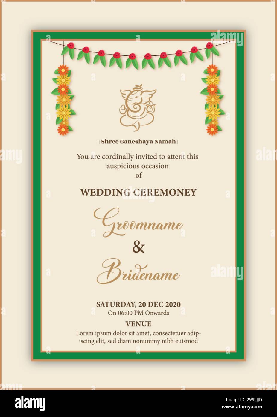 A wedding invitation card with a couple and a traditional wedding theme ...