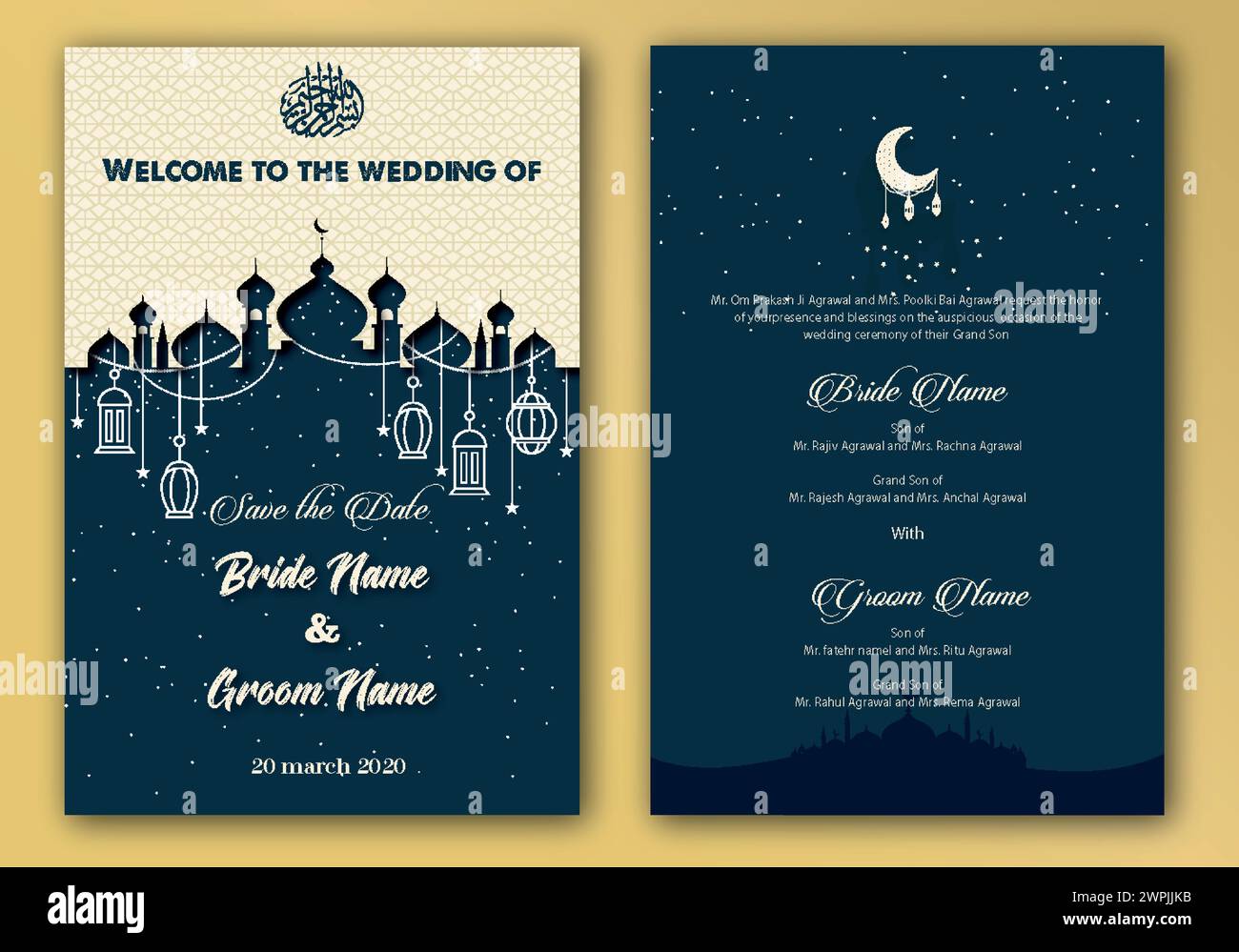 A wedding invitation card with a couple and a traditional wedding theme ...