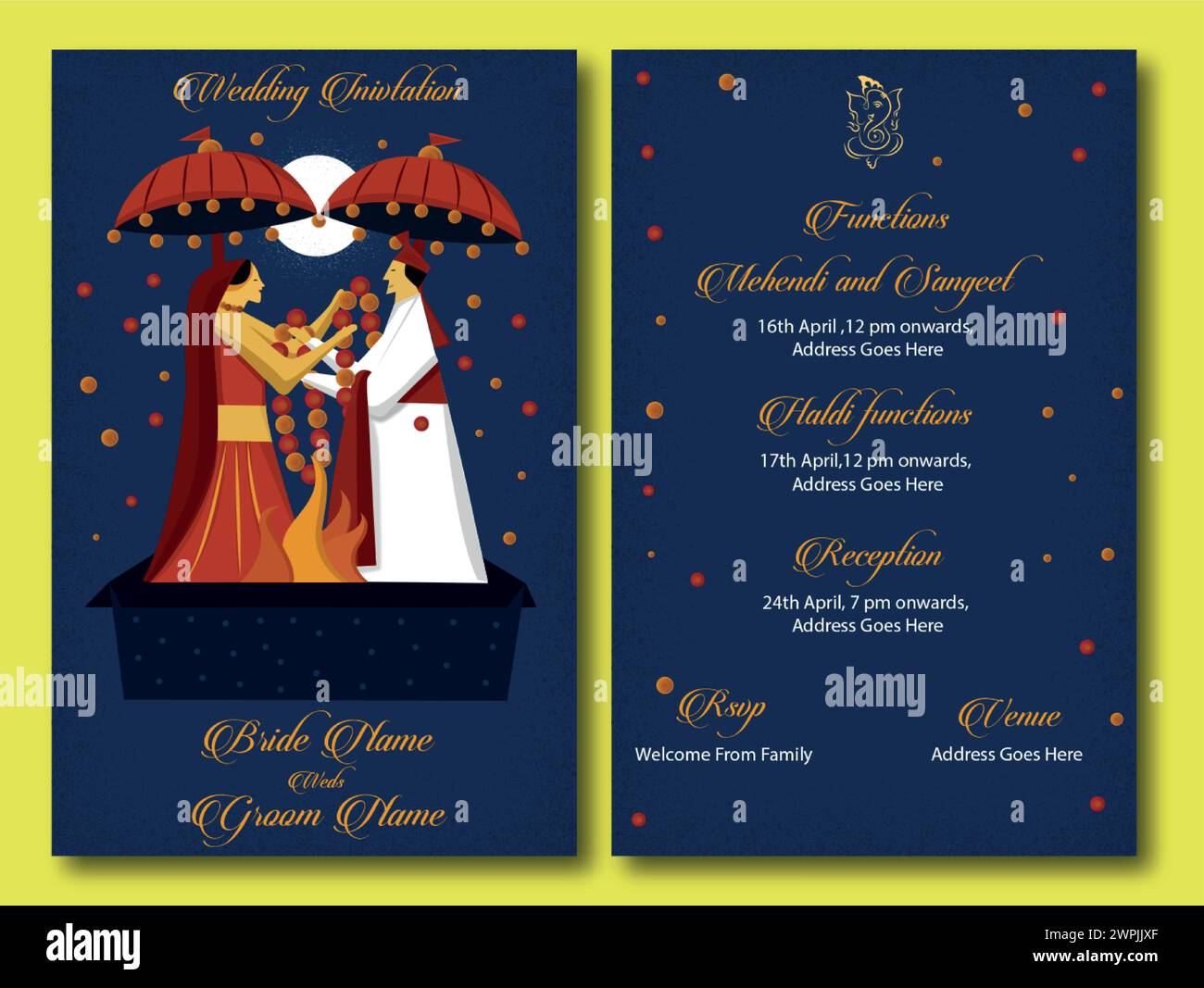 A wedding invitation card with a couple and a traditional wedding theme ...