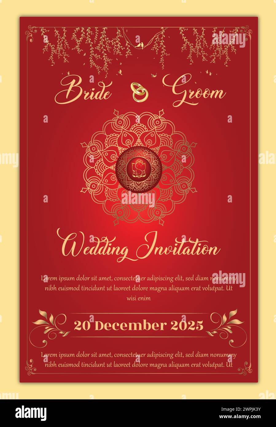 A wedding invitation card with a couple and a traditional wedding theme ...