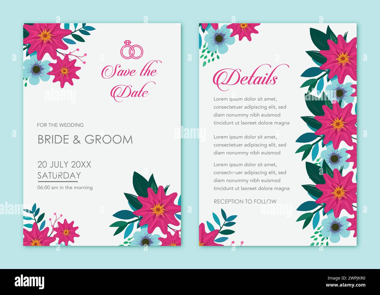 A wedding invitation card with a pink background and flowers. The card ...
