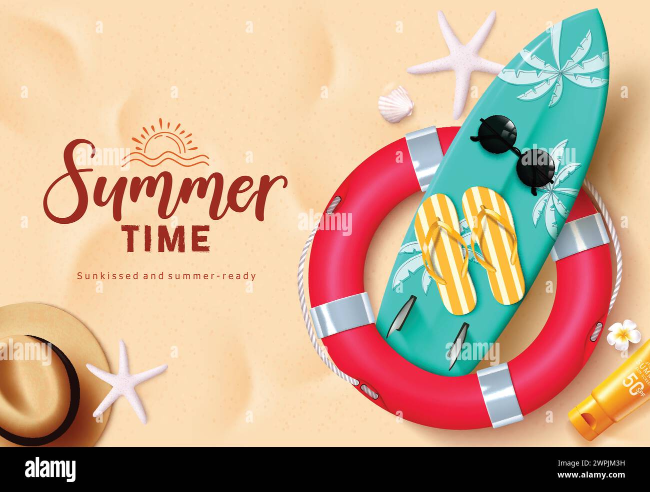 Summer time text vector background design. Summer time greeting text with lifebuoy, surfboard ...