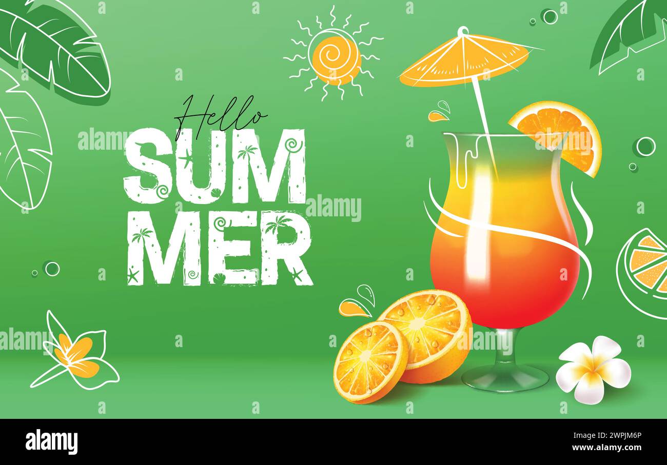 Summer hello greeting vector design. Hello summer text with glass ...