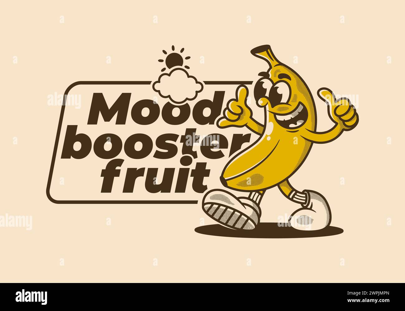 Mood booster fruit. Vintage Mascot character illustration of walking ...