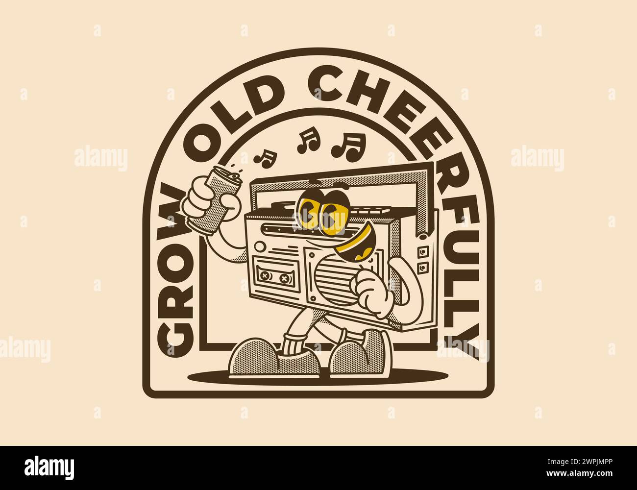 Grow Old Cheerfully Vintage Mascot Character Of Walking Radio Holding