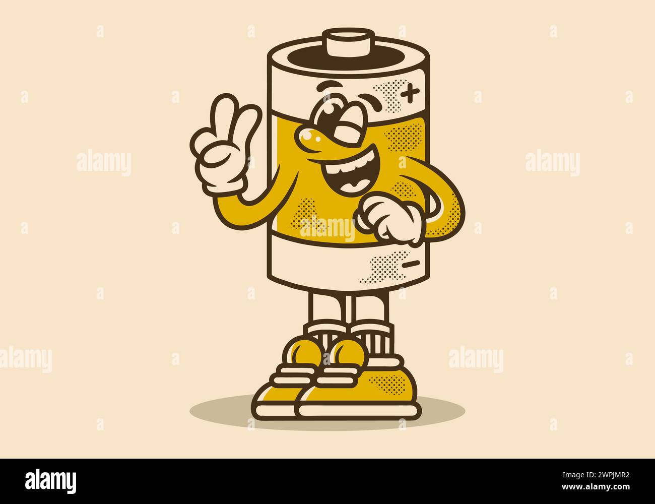 Mascot character illustration of a battery with hand forming peace ...